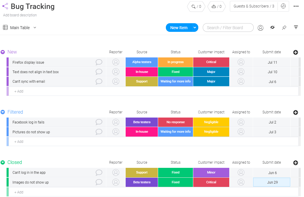 Bug Tracking Template Monday
